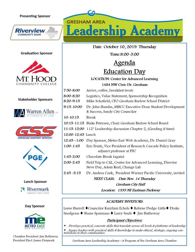 Past Leadership Academy Agendas - Gresham Area Chamber of Commerce and ...